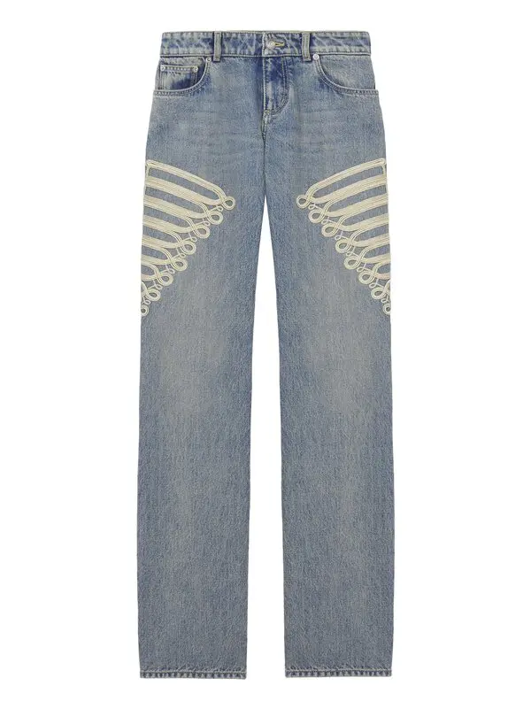Alexander McQueen Metallic Frogging Straight Leg Jeans - Washed Blue