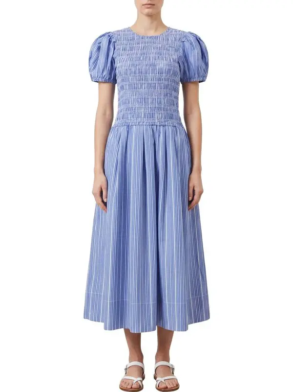 GANNI Striped Cotton Midi Dress With Puff Sleeves - Navy