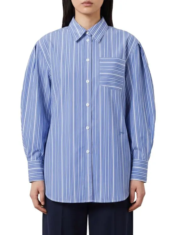 GANNI Striped Cotton Shirt With Balloon Sleeves - Navy