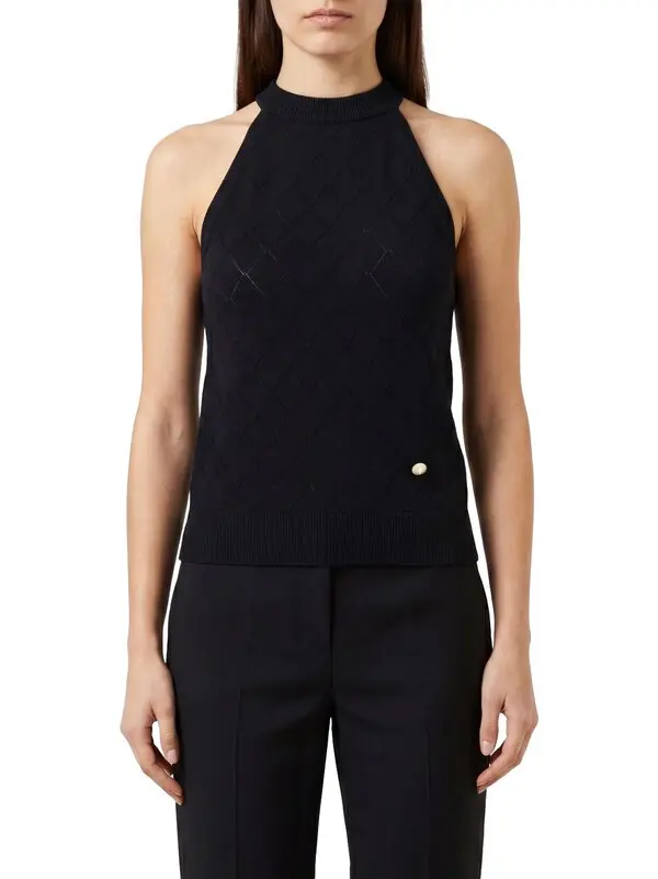 Balmain Halter Neck Knitted Top In Pure Merino Wool - Black