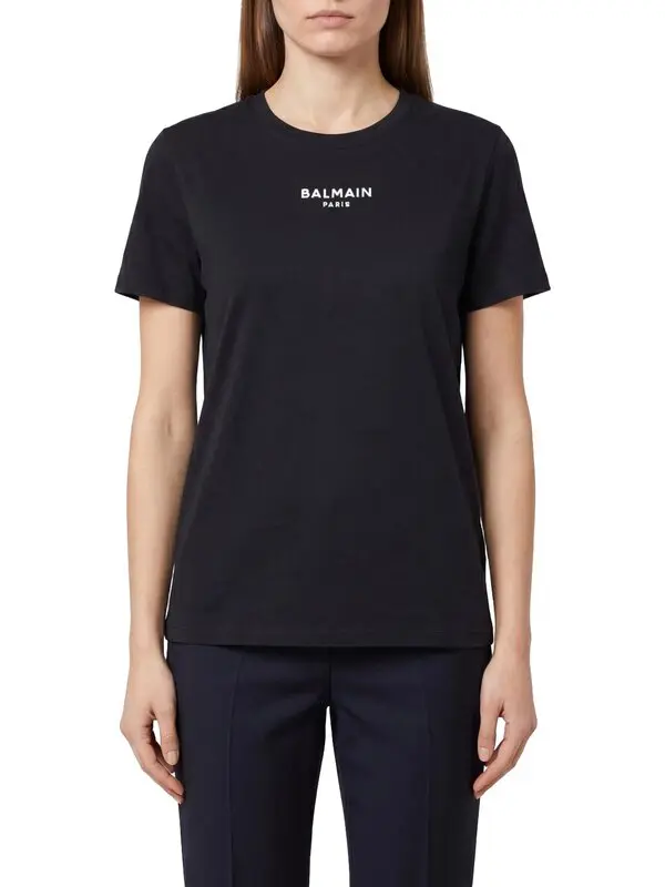 Balmain Slim Fit Contrasting Logo Cotton T-shirt - Black