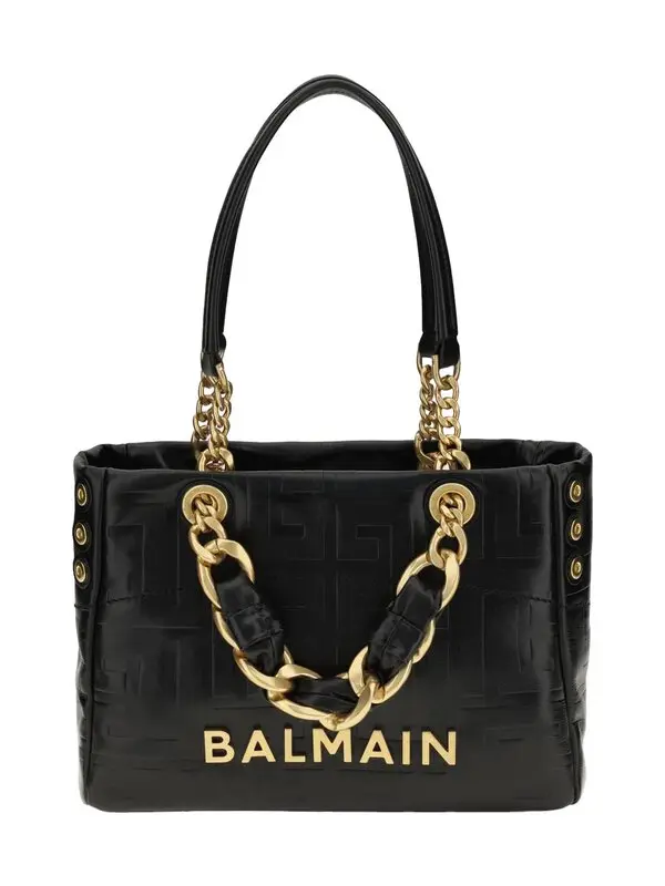 Balmain 1945 Soft Calfskin Leather Tote With Pb Labyrinth Monogram - Black
