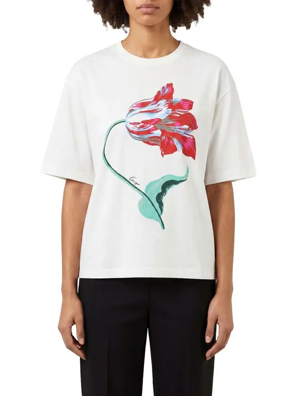 Kenzo Floral Print Cotton T-shirt With Dropped Shoulders - White