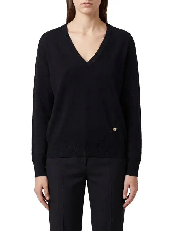 Balmain Pure Merino Wool V-neck Jumper With Applied Logo - Black