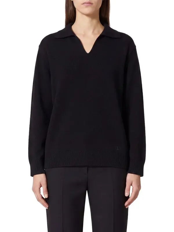 Valentino Garavani Long-sleeved Knitted Polo In Pure Cashmere With V-neck - Black