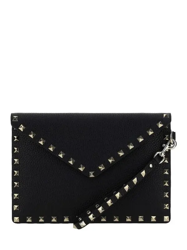Valentino Garavani Rockstud Grained Calfskin Leather Pouch With Studs And Handle - Black