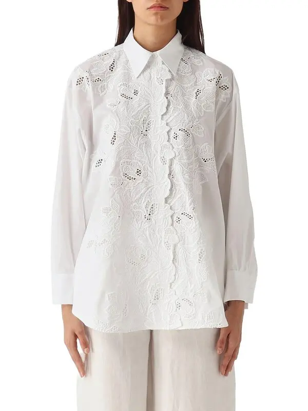 Ermanno Scervino Long-sleeved Cotton Shirt With Lace Inserts - White