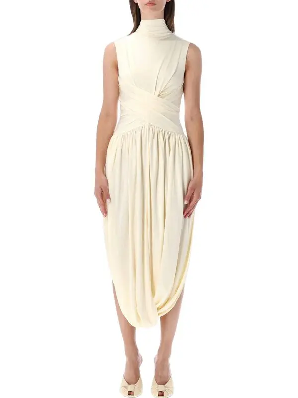 SELF-PORTRAIT Asymmetrical Draped Stretch-viscose Midi Dress - Cream