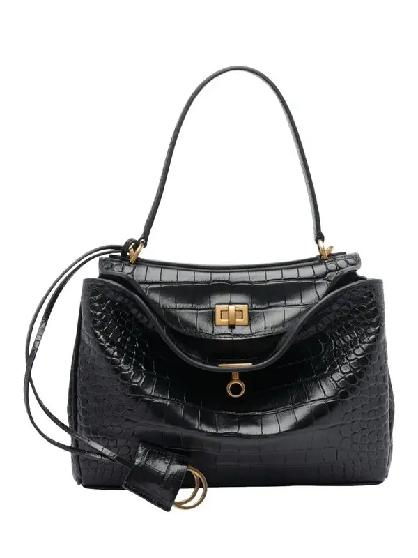 Balenciaga Calf Leather Crocodile Print Handbag - Black