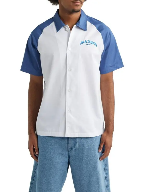 SANTO STUDIO 888 Raglan Short Sleeve Cotton Button-up Shirt - White