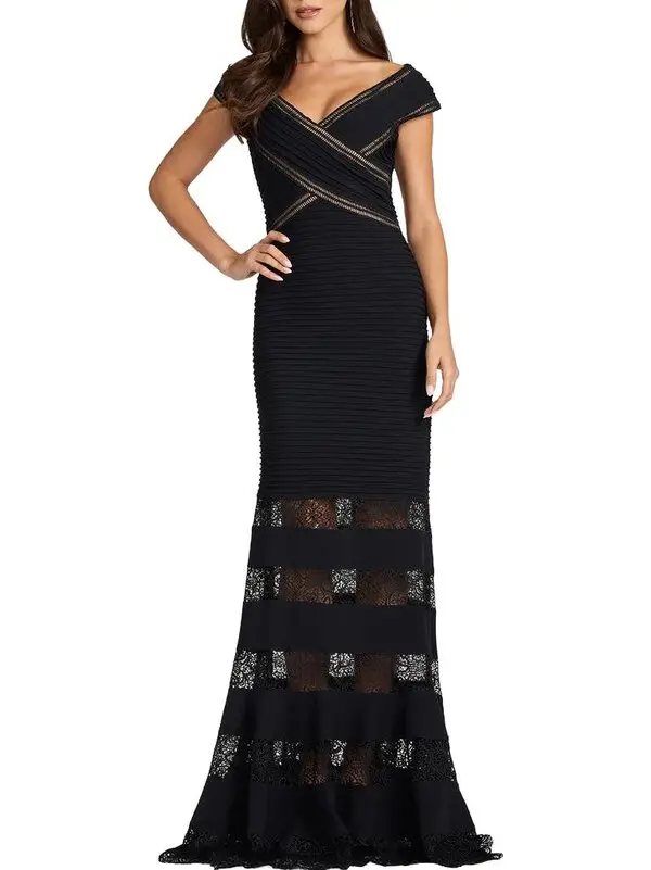 Tadashi Shoji Pintuck Ladder Stitch Lace Inset Trumpet Gown - Black