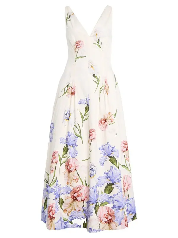 Oscar De La Renta V-neck Iris Poplin Midi Dress - Ivory