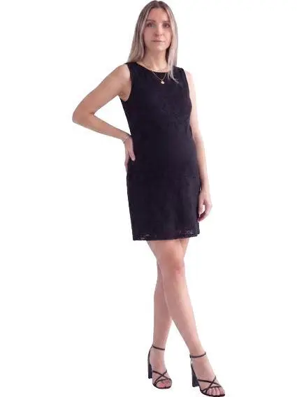 24SEVEN COMFORT APPAREL Sleeveless Lace Boat Neck Mini Shift Dress - Black