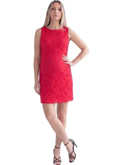 24SEVEN COMFORT APPAREL Sleeveless Lace Boat Neck Mini Shift Dress - Fuchsia
