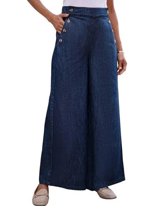 YUMI Chambray Wide Leg Trousers With Side Buttons - Blue