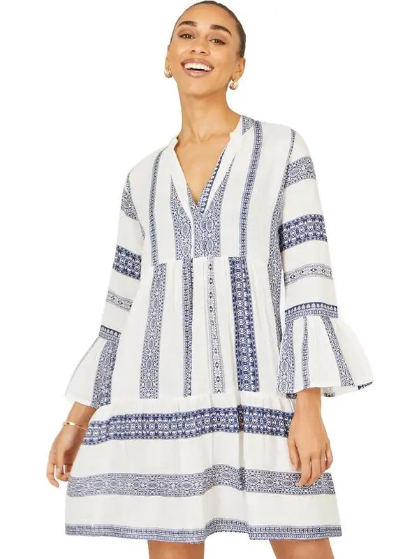 YUMI Printed Cotton Tunic Dress - Blue