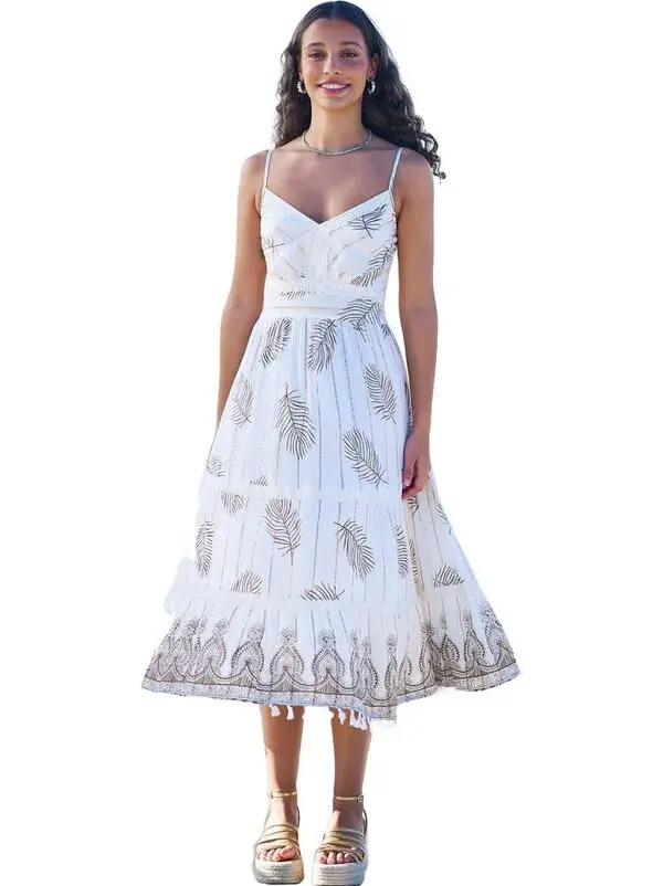 YUMI Foil Print Lace Trim Midi Sundress - Ivory