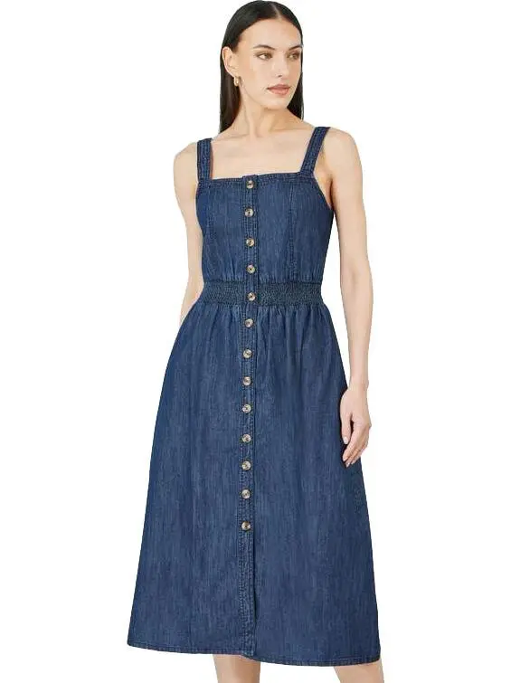 YUMI Chambray Cotton Ruched Midi Sun Dress - Blue