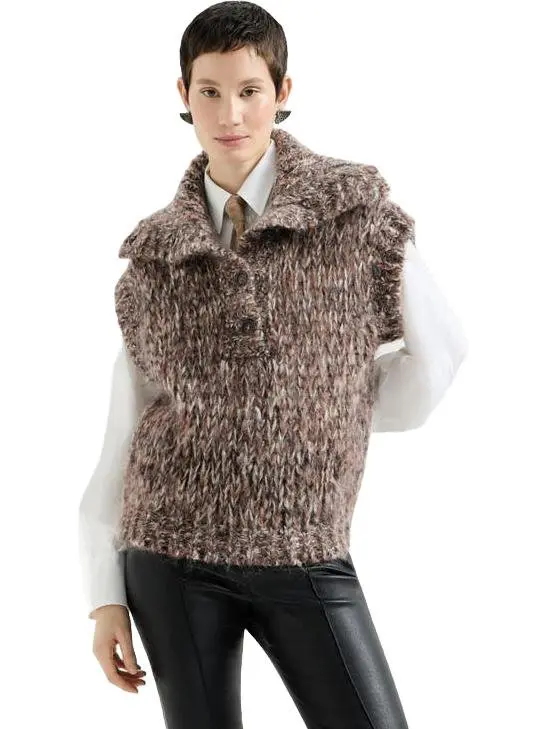 Brunello Cucinelli Malfilé Mohair Turtleneck Sweater Vest - Bark
