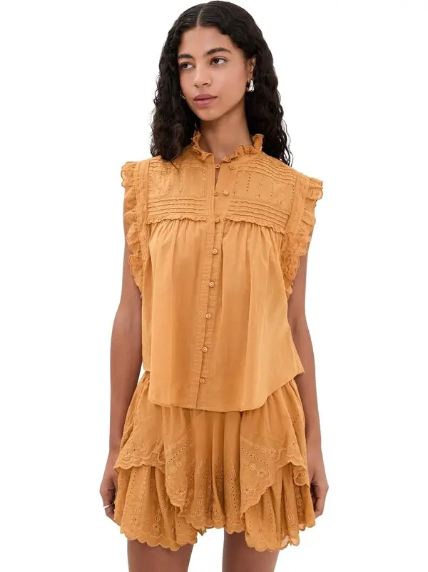 Isabel Marant Étoile Sleeveless Embroidered Cotton Blouse - Caramel