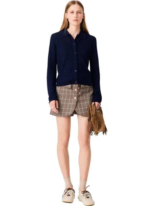 Maje Rhinestone Embellished Polo Collar Cardigan - Navy