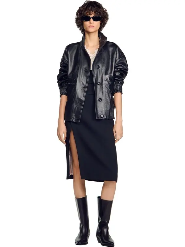 Sandro Oversized Leather Jacket With Cut-out Detail - Black