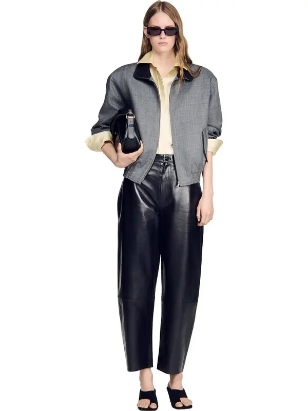 Sandro High-waisted Lambskin Leather Barrel Trousers - Black