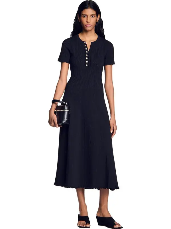 Sandro Ribbed Knit Midi Dress With Front Buttons - Black