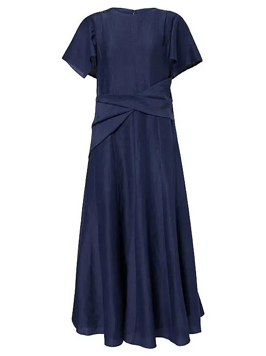 Roland Mouret Handkerchief-sleeve Drape-waist Silk-blend Midi Dress - Navy
