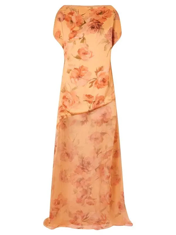 DIMA AYAD Floral Print Chiffon Trimmed Satin Gown - Orange