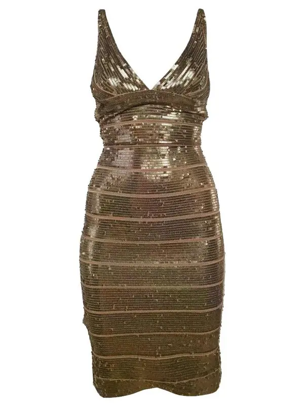 Herve Leger Bronze Sequin Embellished Bandage V-neck Dress - Gold