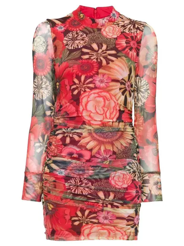 Farm Rio Flowershop Long-sleeve Mini Dress - Red