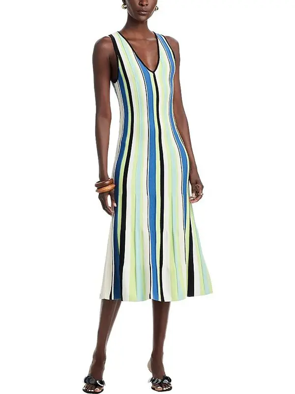 TOCCIN Fifi A-line Midi Dress With Vertical Stripes - Ocean/keylime Multi
