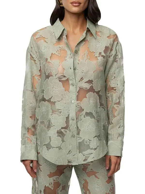 JLUXLABEL Sheer Organza Floral Long Sleeve Blouse - Sage