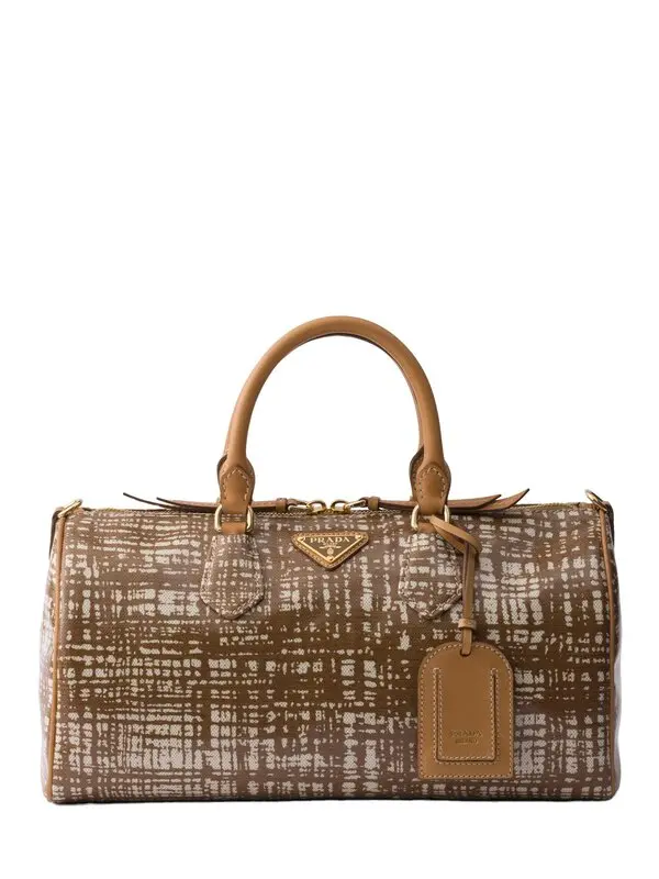 Prada Medium Linen Blend And Leather Top-handle Bag - Brandy