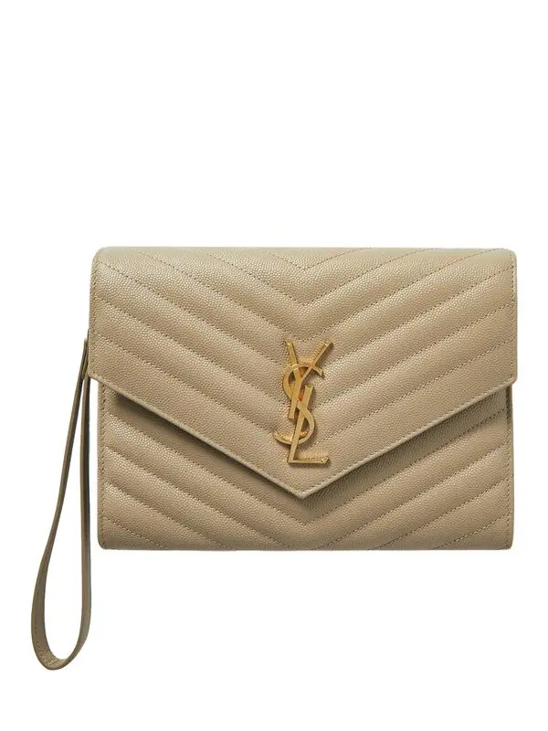 Saint Laurent Monogramme Quilted Textured-leather Pouch - Neutrals