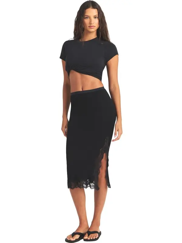 SKIMS Rib Knit Lace Trim Midi Skirt - Obsidian