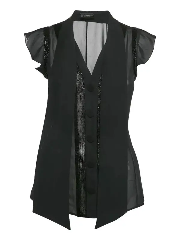 Emporio Armani Beaded Semi-sheer V-neck Shirt - Black