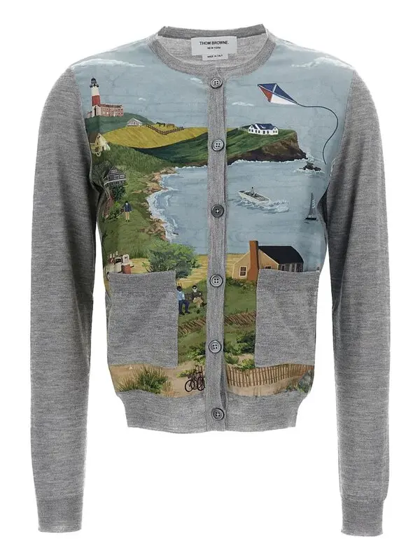 Thom Browne Cashmere And Silk Knit Cardigan With Nantucket Print - Grigio