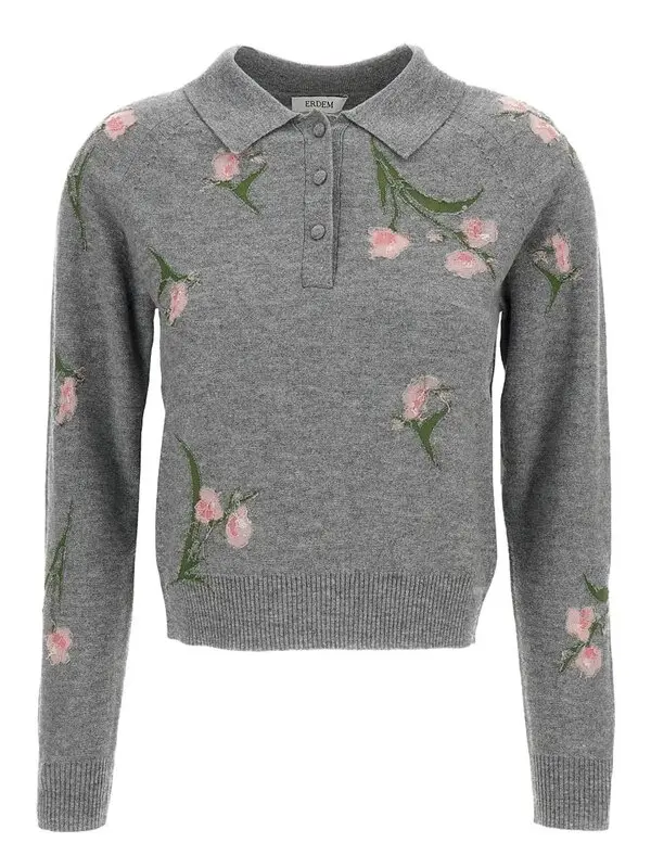 Erdem Floral Motif Merino Wool Knit Polo Sweater - Grey