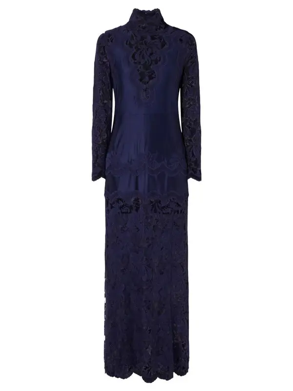 Rabanne High Neck Lace Jersey Maxi Dress - Navy Blue