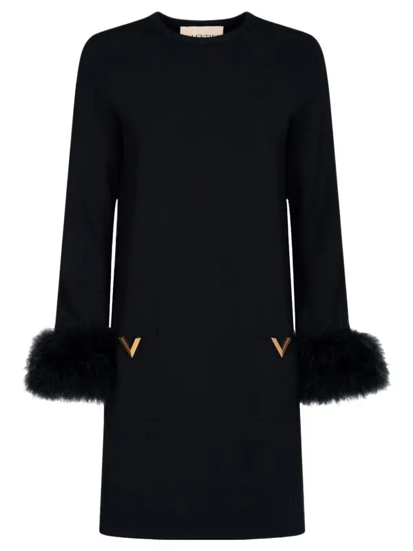 Valentino Garavani Long Sleeve Dress With Feather Cuffs - Black
