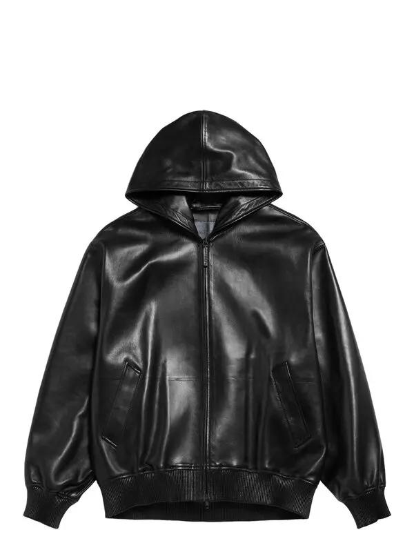 Balenciaga Short Hooded Leather Coat - Black
