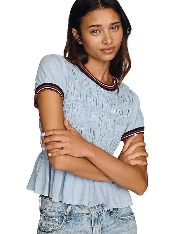 PILCRO Cotton Smocked Peplum Tee - Chambray