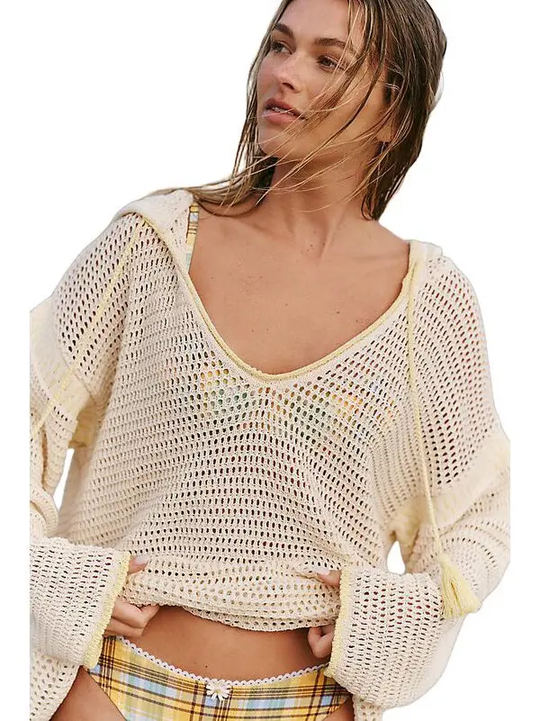 CELANDINE Crochet Knit Hooded Pullover - Ivory