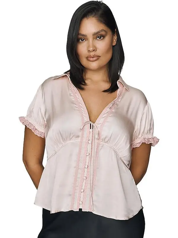 Anthropologie Silken Collared Blouse With Lace Trim - Pink