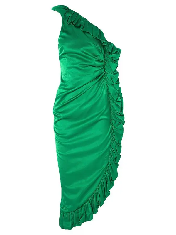 Attico One-shoulder Ruffled Cotton-blend Satin Midi Dress - Green
