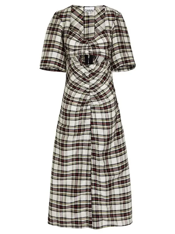 GANNI Checked Linen And Silk-blend Midi Dress - Black