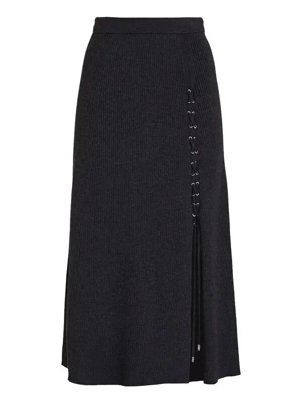 Maje Lace-up Ribbed-knit Midi Skirt - Anthracite
