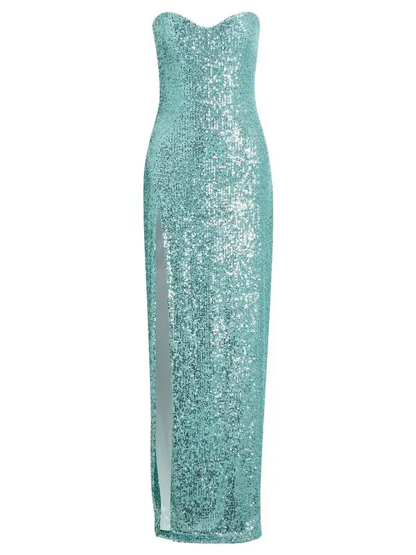 Monique Lhuillier Strapless Sequined Tulle Gown - Turquoise